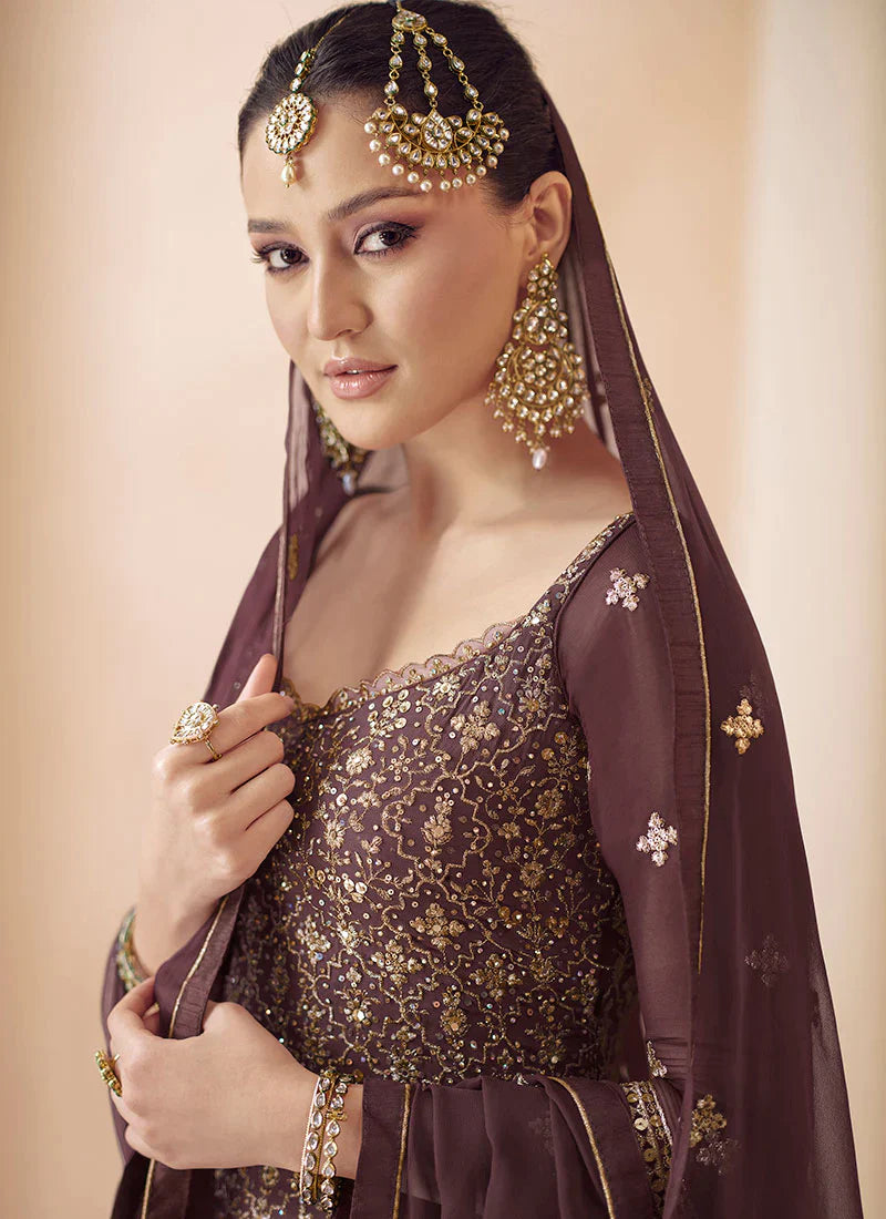Azure Elegance Coffee Brown Embroidered Stylish Lehenga Choli – Fashneo