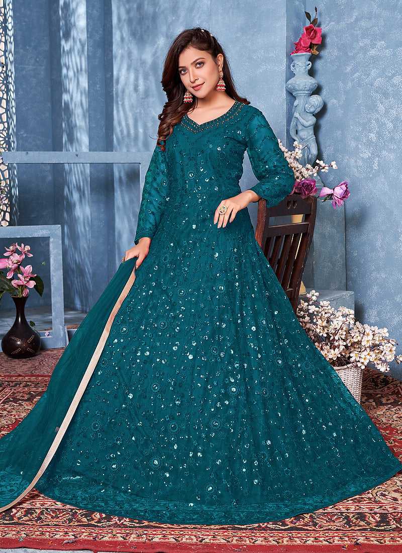 Aqua Blue Floral Heavy Embroidered Gown Style Anarkali - India Clothing