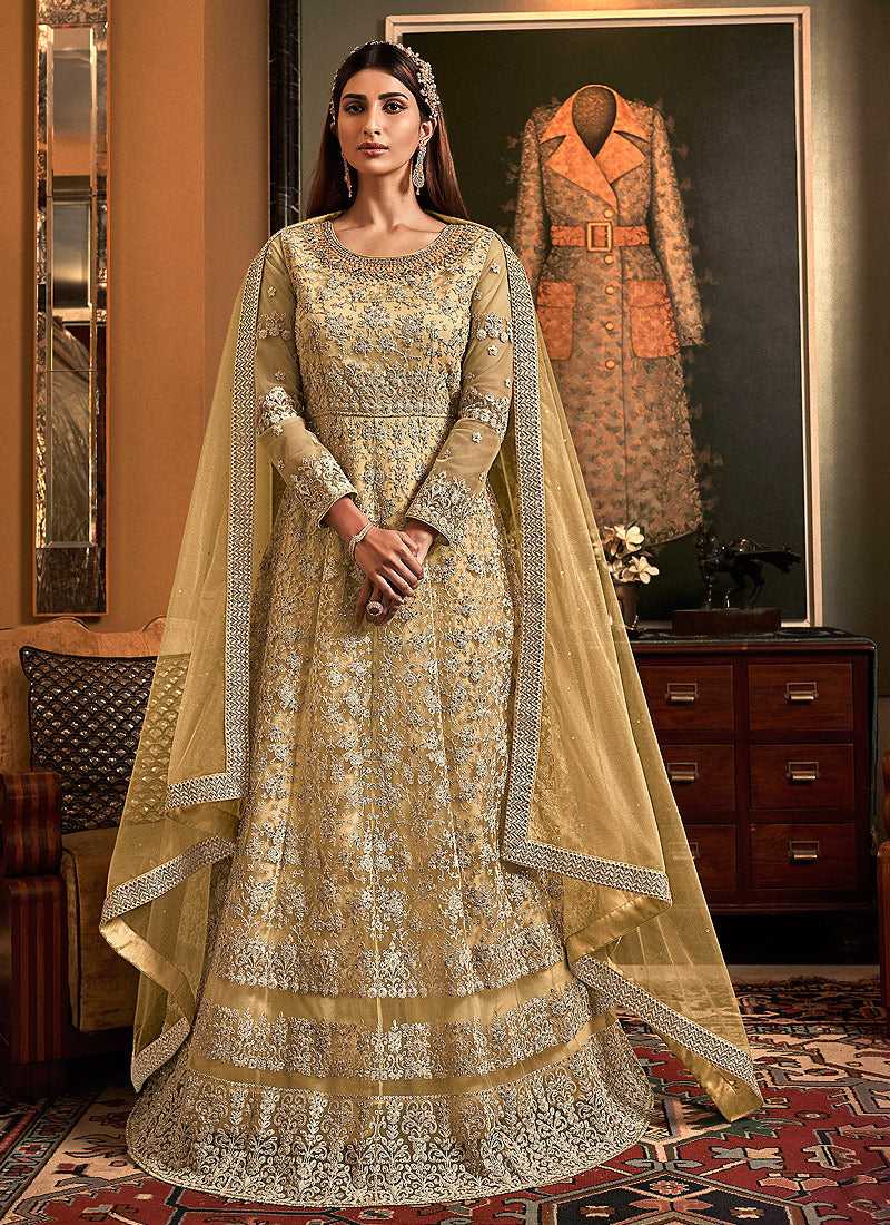 Golden Cream Heavy Embroidered Gown Style Anarkali Suit – Fashneo